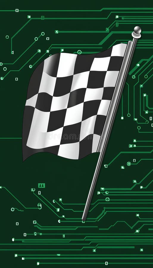 Checkered Flag Waving on Green Circuit Board Background, Technology and ...