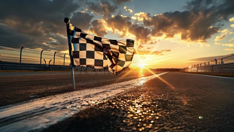 Checkered Flag Waving at Sunset on Empty Racetrack Stock Footage ...