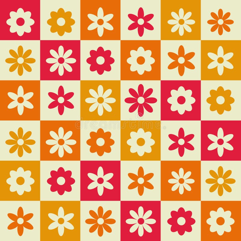 Cute Retro Flowers Seamless Pattern on Red, Orange, Yellow and Beige ...