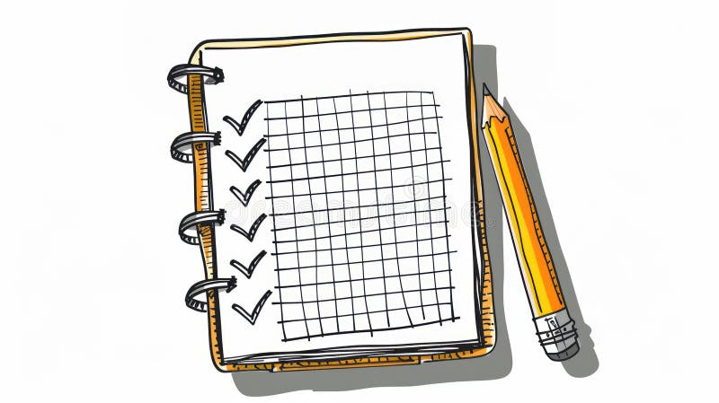 Checkered Notebook with Check Sheet and Pencil, Sketch Illustration ...