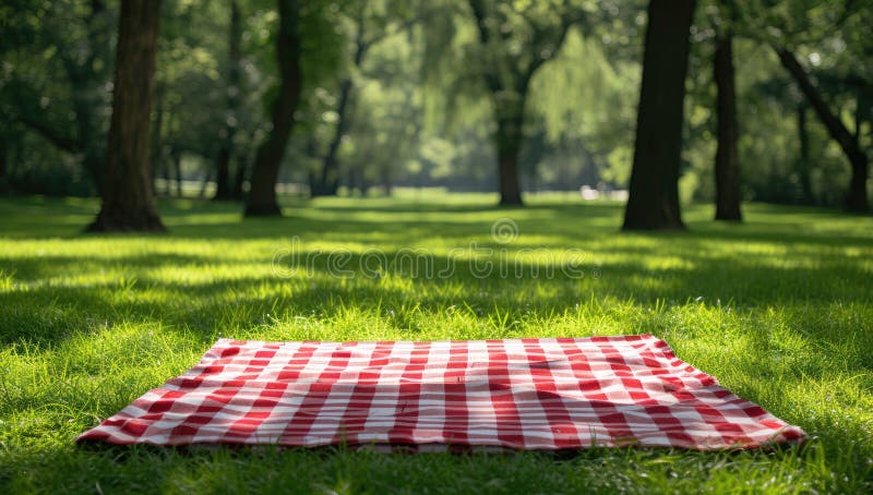 Checkered Picnic Blanket on Lush Park Grass Stock Illustration ...