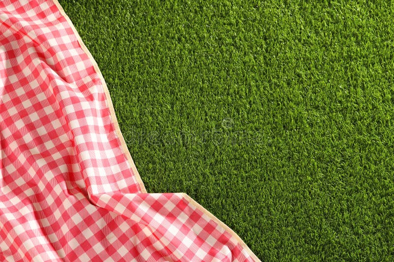 Checkered Picnic Tablecloth on Green Grass, Top View. Space for Text ...