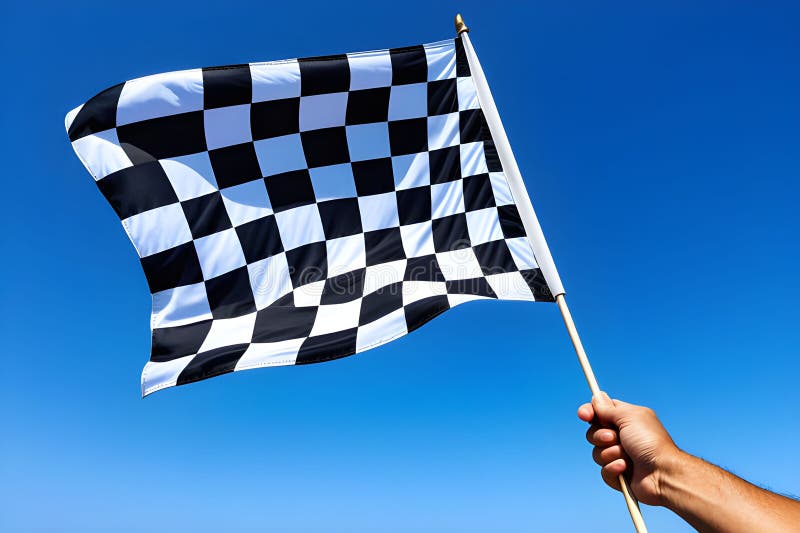 Checkered Race Flag in Hand. Stock Illustration - Illustration of blue ...