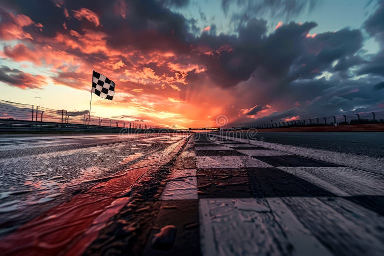 Checkered Road with a Flag on it Stock Image - Image of yellow, light ...