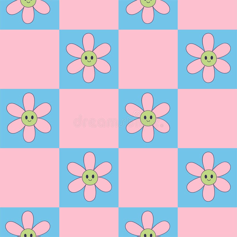 Checkered Seamless Pattern with Cute Smiling Flowers. Vector Graphics ...