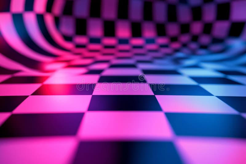 Checkered Surface Illuminated with Pink and Blue Neon Lights, Forming a ...