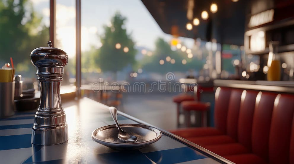 Checkered Tiles and Silverware Adorn this Retro Diner Table Stock Photo ...