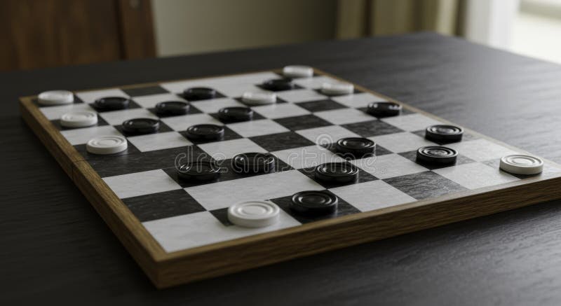 Checkers Game Board with Black and White Pieces on a Table Stock ...