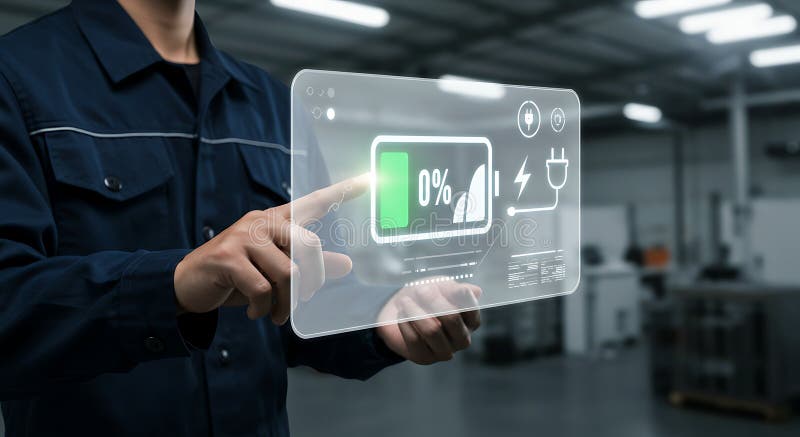 Checking Battery Level on Digital Interface by Worker in Factory Stock ...
