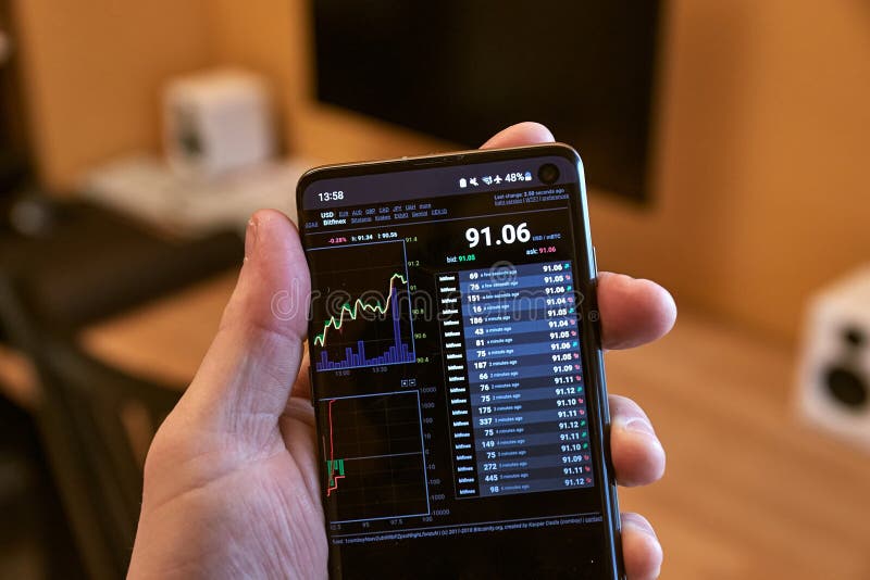 Checking Bitcoin Price Chart Smartphone Btc Usd Rate Graph Stock Photos ...