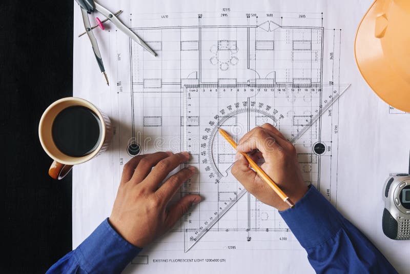 Checking blueprint stock photo. Image of architect, coffee - 90932516