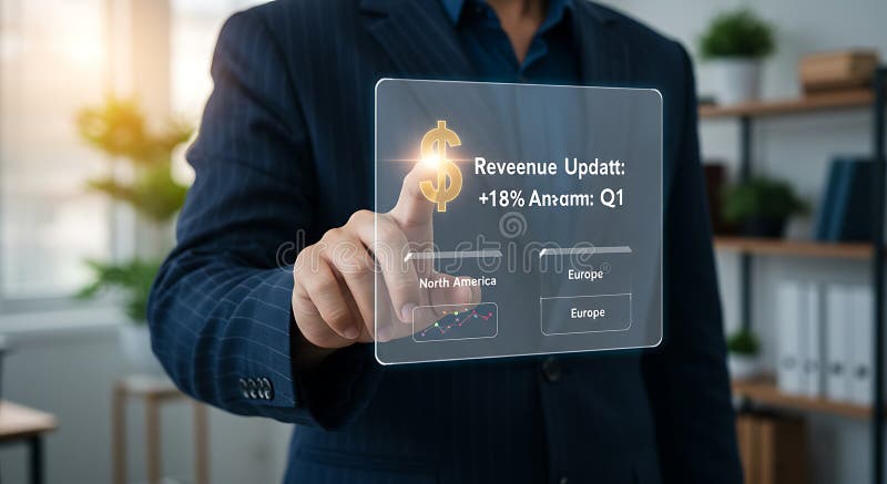 Checking Revenue on Transparent Screen with Dollar Symbol and Data ...