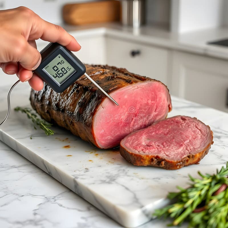 Checking Temperature of Beef Roast with a Meat Thermometer on a Marble ...