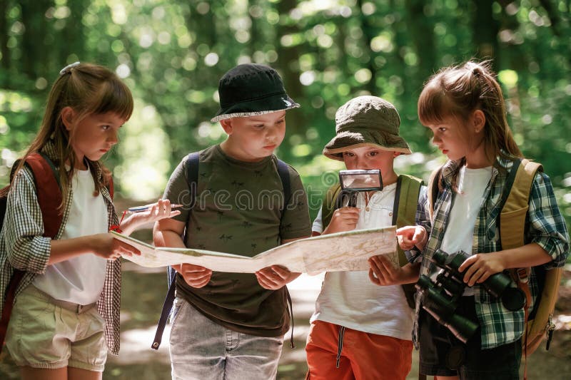 Checking Way Map Kids Forest Summer Daytime Together Stock Photos ...