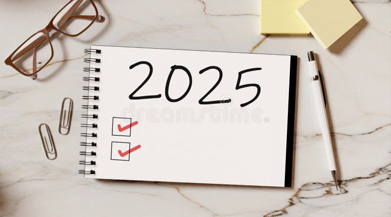 2025 Checklist and Glasses on Marble Desk, 3D Render. Stock ...