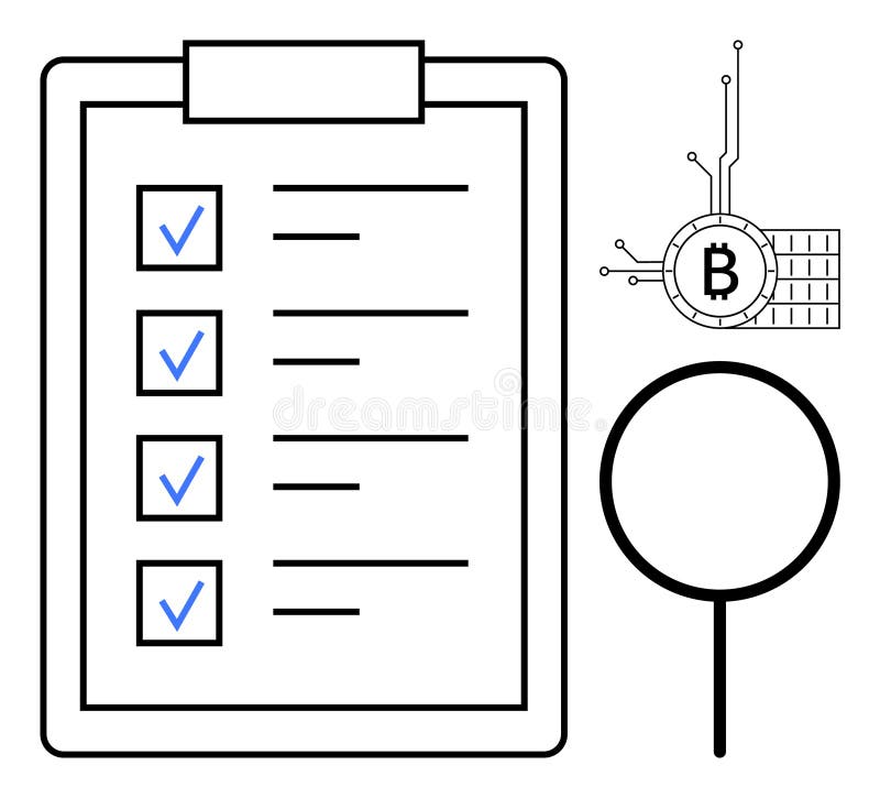 Digital Checklist with Blockchain and Magnifying Glass Illustration for ...