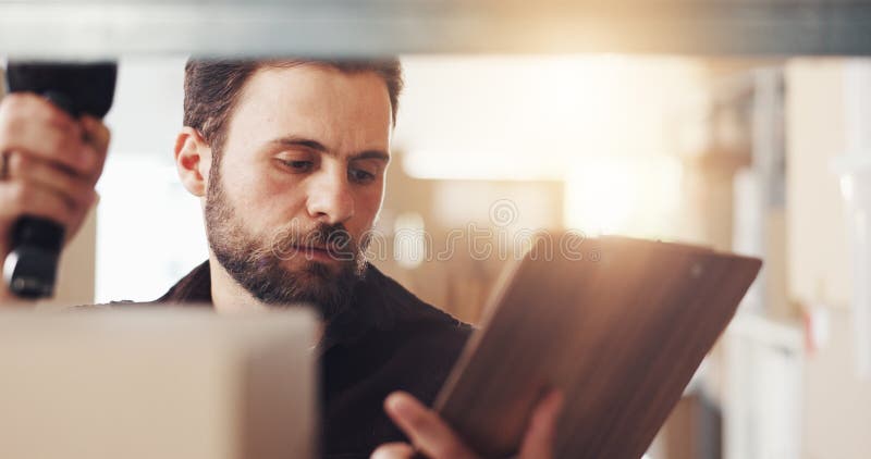 Checklist, Boxes and Man with Scanner for Logistics, Stock Check or ...