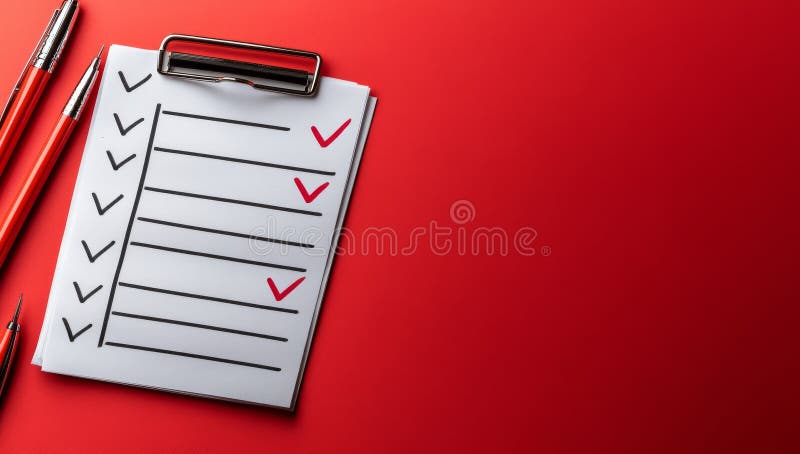 A Checklist with Check Marks, Viewed from Above, Set Against a Red ...