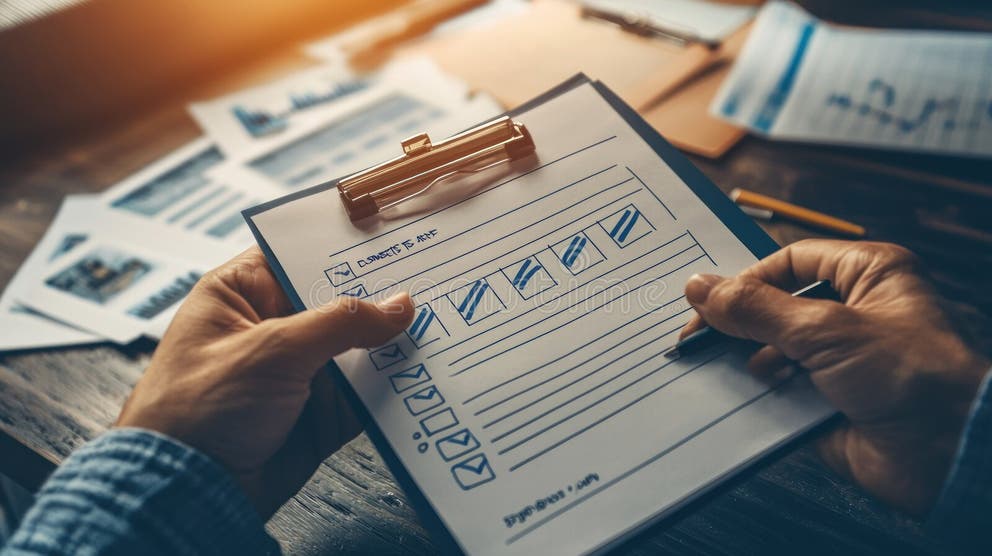 Hand Filling Out Checklist on Clipboard with Blurred Business Documents ...