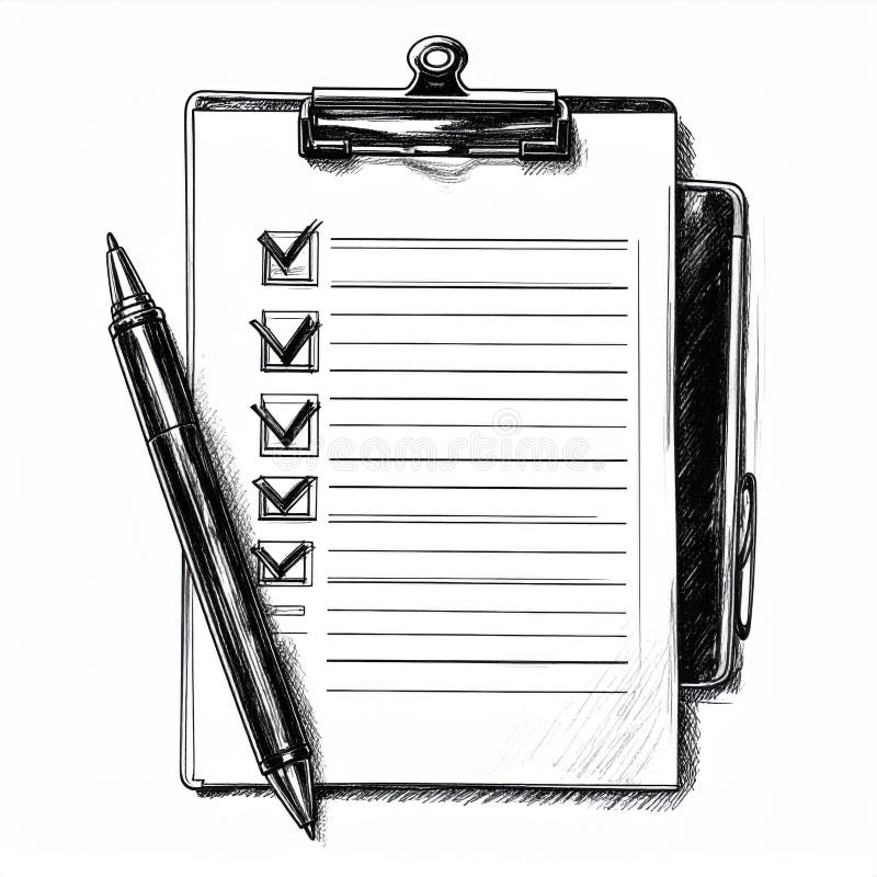 Checklist on Clipboard with Pen Sketch Stock Illustration ...