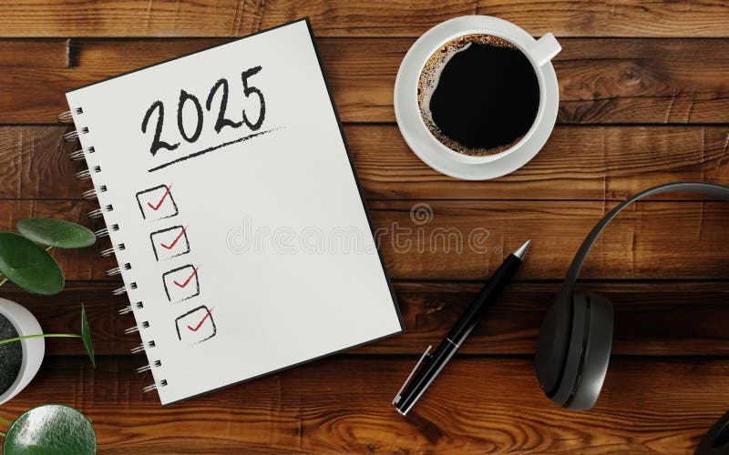 2025 Note with Checklist and Coffee on Wooden Desk, 3D Render Stock ...