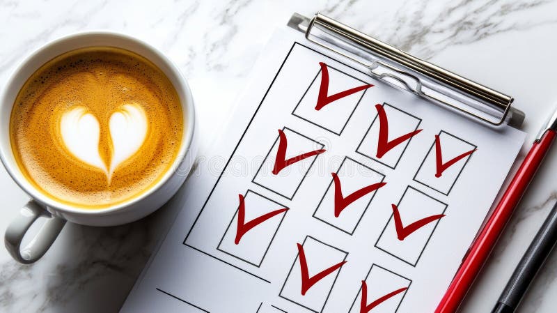 Checklist and Coffee on White Marble Table, Highlighting Productivity ...