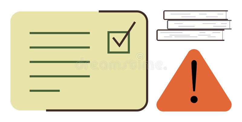 Checklist with Completed Task, Warning Symbol, and Stack of Books for ...