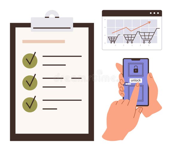 Checklist with Completed Tasks, E-commerce Growth Chart, and Secure ...