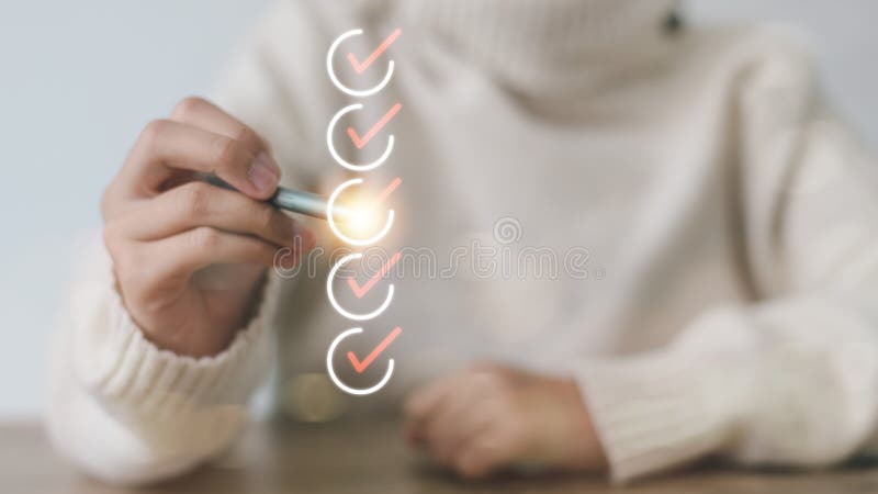 Checklist Concept, Women Checking Mark on the Check Boxes with Marker ...