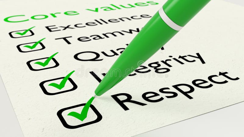 Checklist with Core Values and a Green Pen Ticking Each Item Stock ...