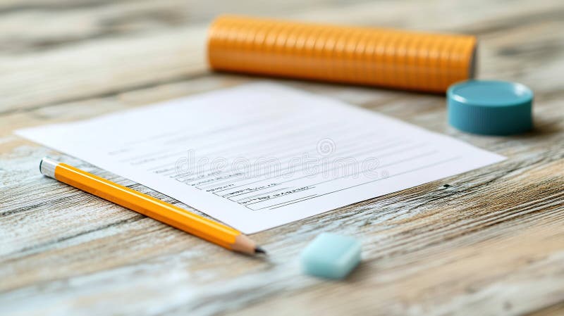 Checklist Form, Pencil, Eraser, and Containers on Wooden Table Stock ...