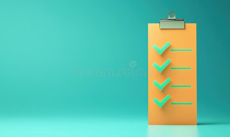 Checklist with Green Checkmarks on Orange Clipboard Against Turquoise ...