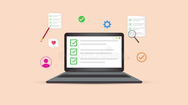 Checklist Items on the Computer Screen with Floating Shapes, Green Tick ...