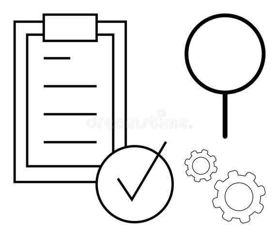 Checklist with Magnifying Glass, Checkmark, and Gears Highlighting ...