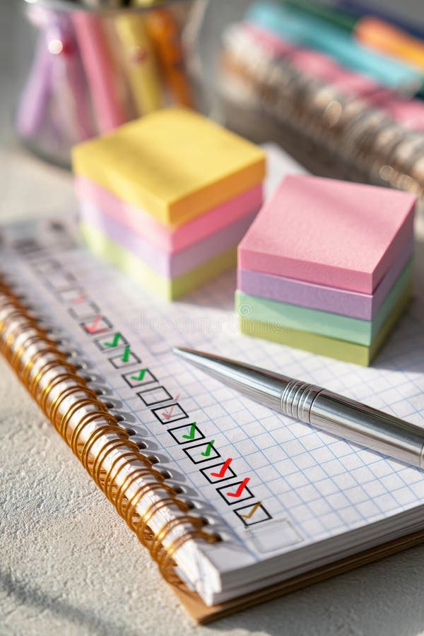 Checklist on Notebook with Pen and Colorful Sticky Notes Stock Photo ...