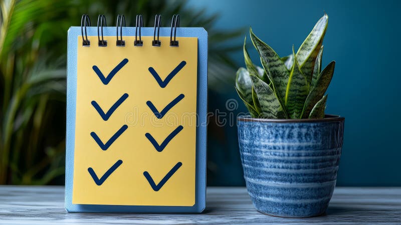 A Checklist Notebook beside a Potted Plant on a Wooden Table, Ideal for ...