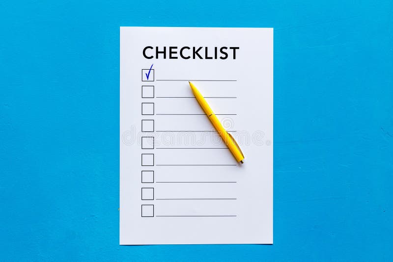 Checklist and Pen on Blue Background Top View Copy Space Stock Photo ...