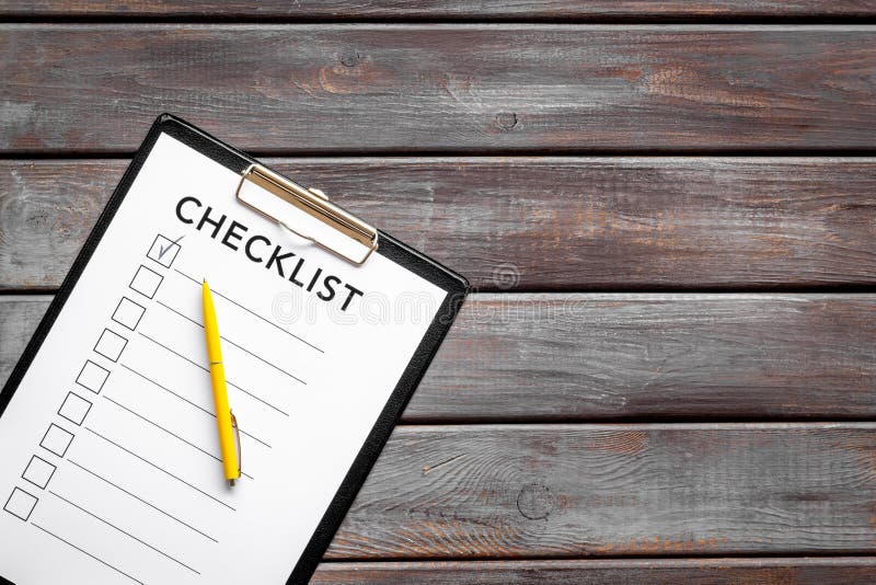 Checklist and Pen on Dark Wooden Background Top View Space for Text ...