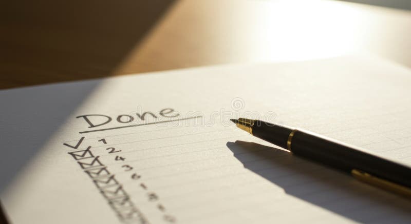 Checklist and Pen on Table with Completed Tasks Marked Stock Photo ...