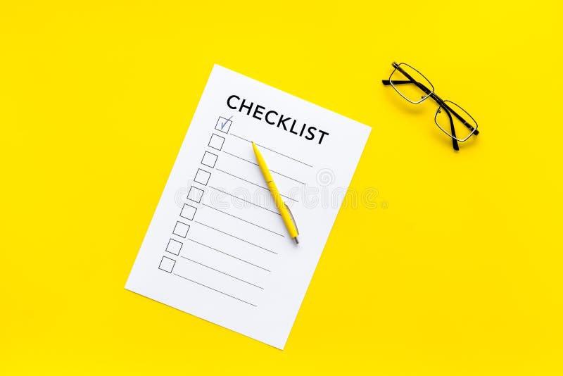 Checklist and Pen on Yellow Background Top View Copy Space Stock Photo ...