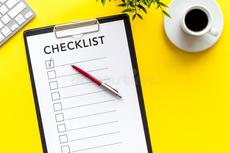 Checklist and Pen on Yellow Office Background Top View Space for Text ...