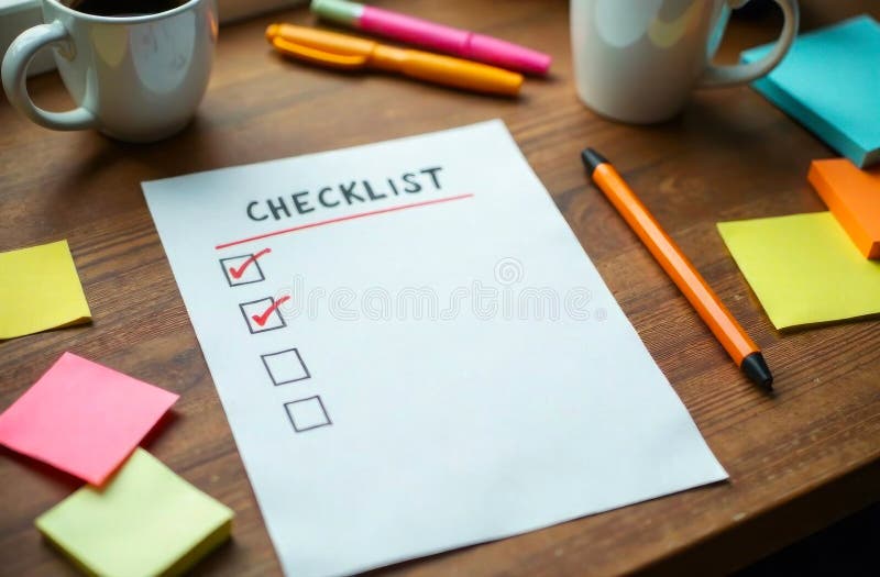 A Checklist is Placed on a Desk Surrounded by Coffee Cups and Colorful ...