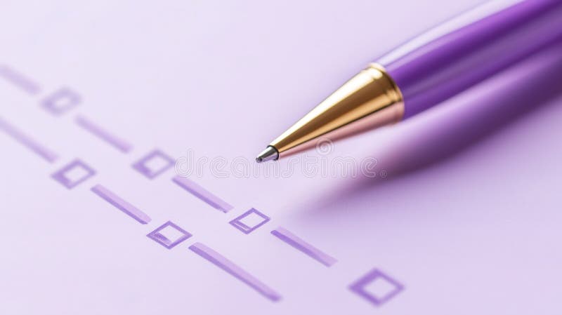 Checklist with Purple Pen on Violet Backdrop. Stock Image - Image of ...