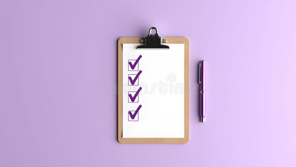 Checklist with Purple Pen on Violet Backdrop. Task Management Board ...