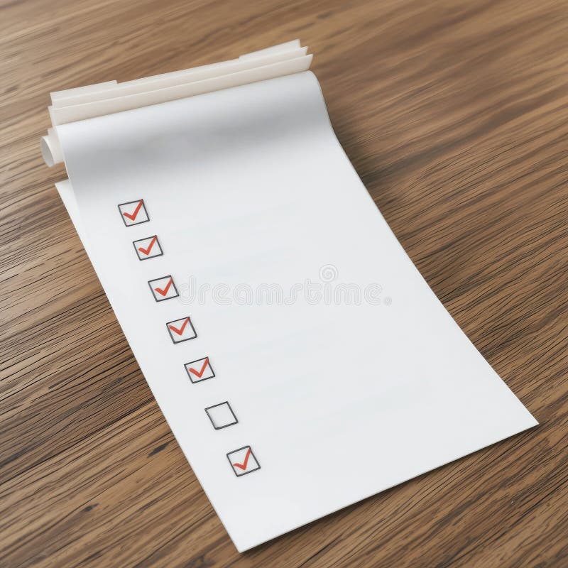 Checklist with Red Marks on White Paper Lying on Wooden Table Stock ...