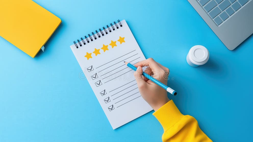 Checklist with Stars and Hand Marking Off Tasks on Blue Background ...