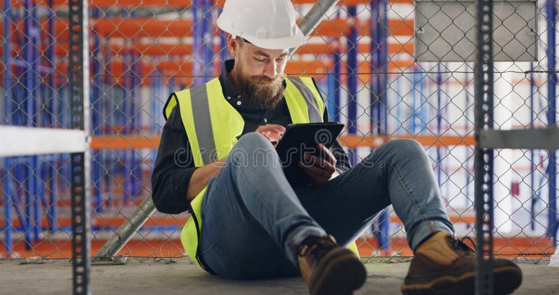 Checklist, Storage and Tablet with Construction Worker Man in Warehouse ...