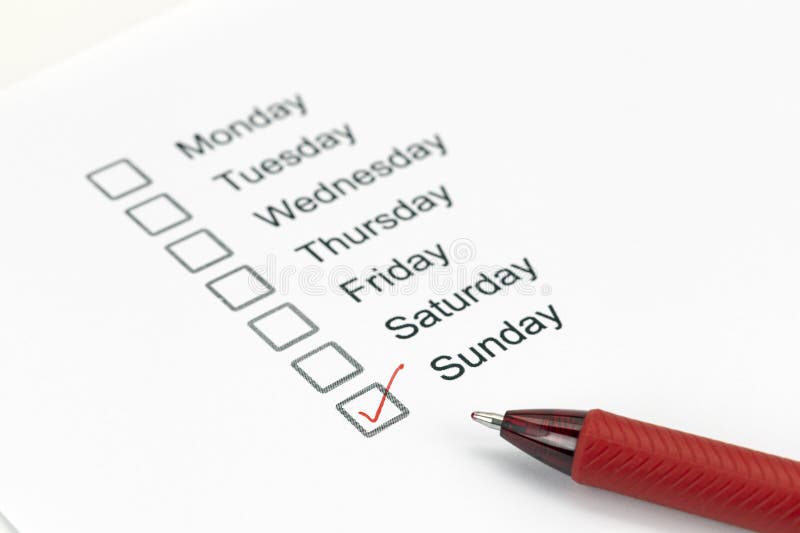 Checklist of Weekdays with Sunday Marked by Red Pen, Indicating ...