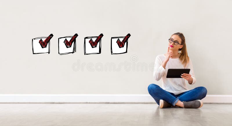 Checklist with Woman Using a Tablet Stock Photo - Image of people ...