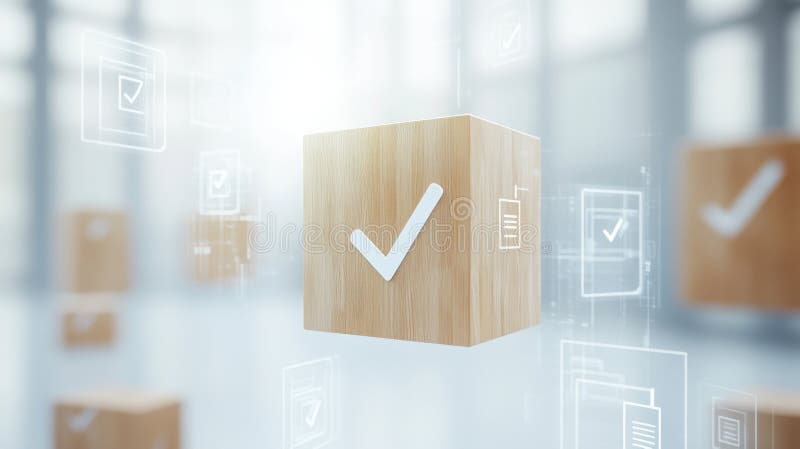 Checkmark Symbol on Wooden Cube in Digital Business Interface Concept ...